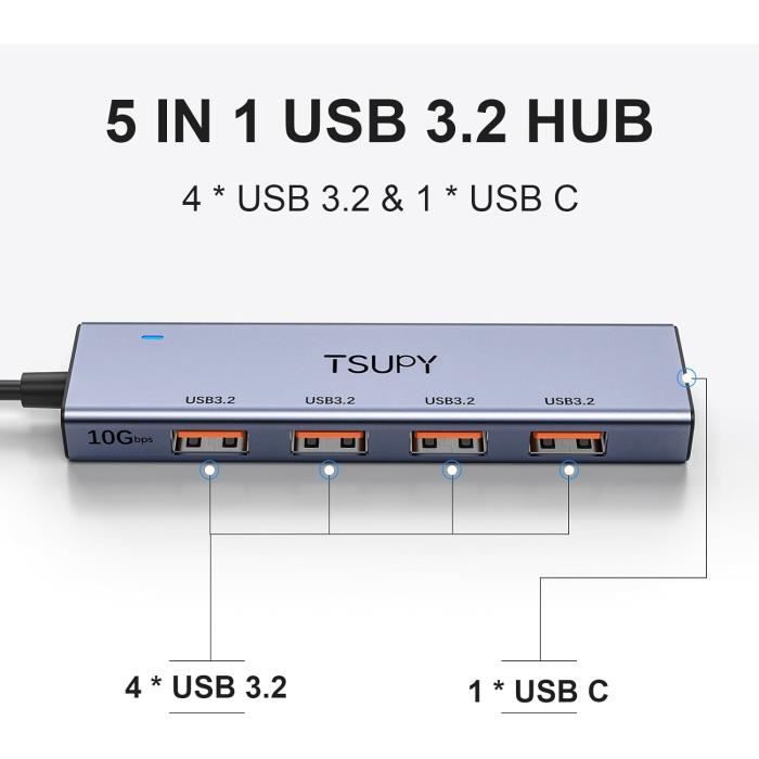 Multi Usb3.2,Multiprise Usb 3.2,Adaptateur Aluminium,120Cm Cable Multi ...