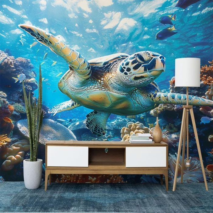 Papier Peint Thme Ocan Animal Tortue Corail Bleu Fresque Murale 3D HD ...
