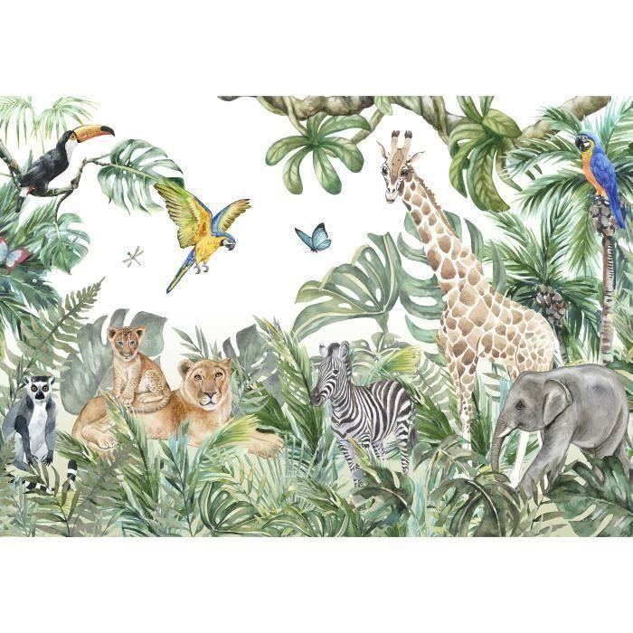Papier Peint Intiss Panoramique Enfant Jungle Animaux 416x254 cm Fort Tapisserie Chambre Photo ...