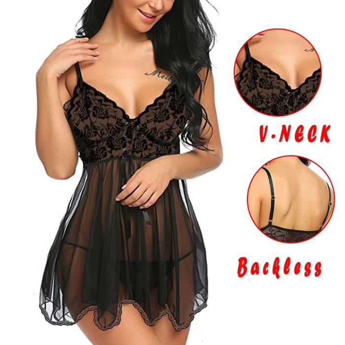 Femmes Sexy Dentelle Noir Lingerie String Ensemble Vêtements De Nuit