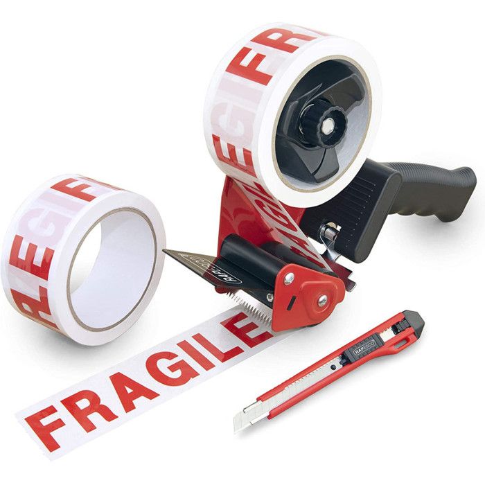 Pack 2 rubans emballage Tesa fragile 66m x 50mm + 1 dévidoir + 1 cutter ...