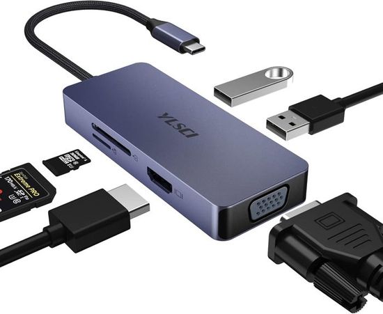 Hub USB C, Adaptateur USB-C 6 en 1, avec 1 Port HDMI, 1 Port VGA, 2 Ports USB, Lecteur de Carte ...