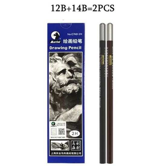 CRAYON GRAPHITE,12B-14B-2PCS--Crayons de croquis professionnels en bois, surligneur HB 2H 12B ...