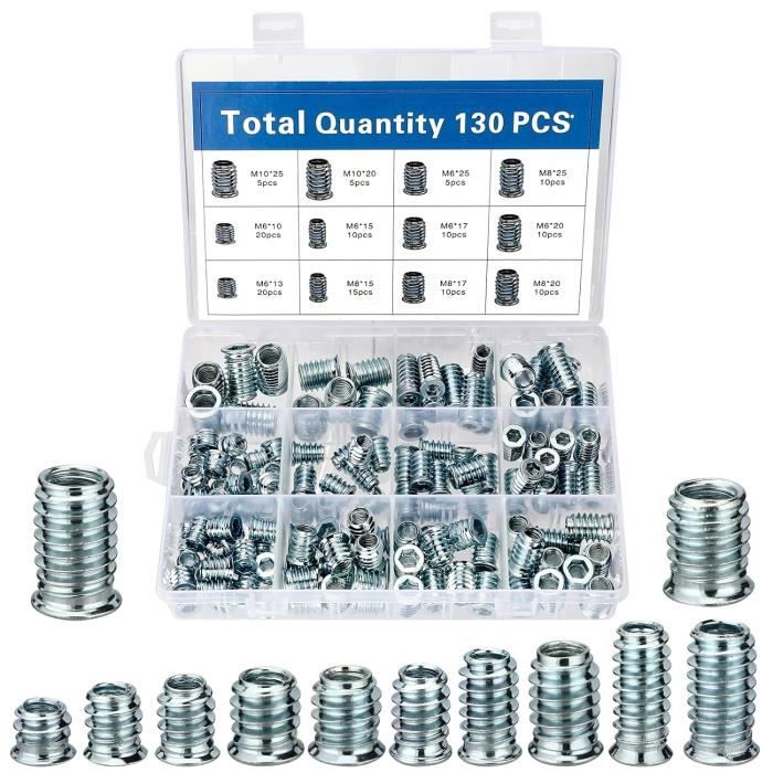130 Pièces Insert Fileté, M6-M8-M10 Insert Fileté Bois Écrous à Visser ...