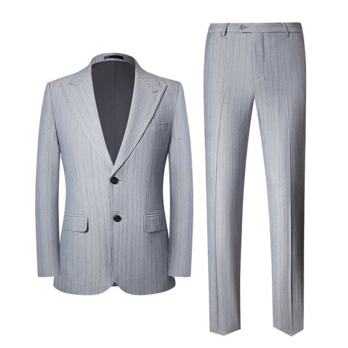 Costume Homme Slim 2 Pièces Business Mariage Cérémonie Rayure - Gris ...