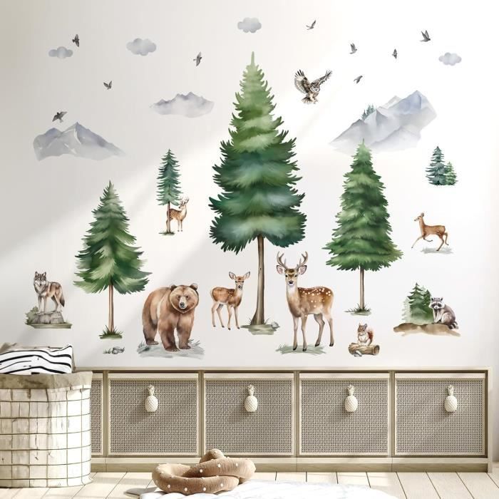 Stickers Muraux Animaux Forêt Grand Arbre Enfant Autocollants Muraux ...