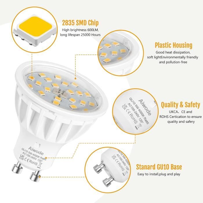 Ampoule LED GU10,Blanc Naturel 4000K,5W Équivalent 50W Halogène Lampe,Non Dimmable,600LM RA85 ...