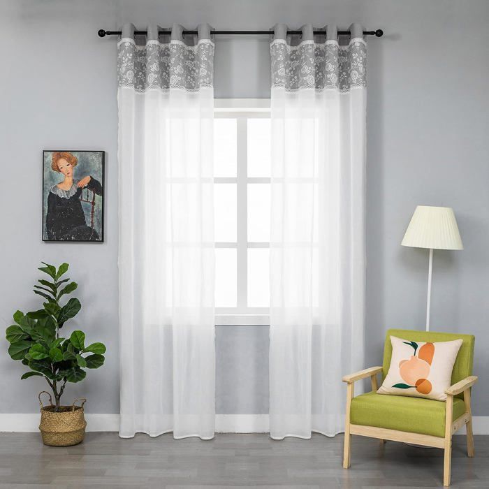 Paire De Rideaux Blancs Semi-Transparents Avec Ourlet Supérieur Gris ...