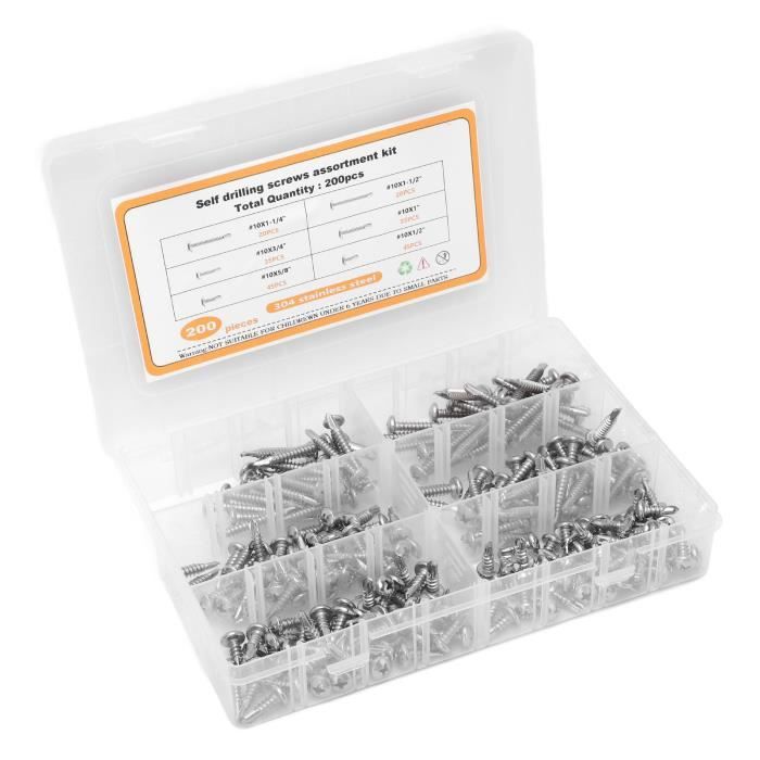 Qiilu Vis autoperceuse 200 pièces vis cruciformes à tête ronde 304 Kit d'assortiment de vis auto ...