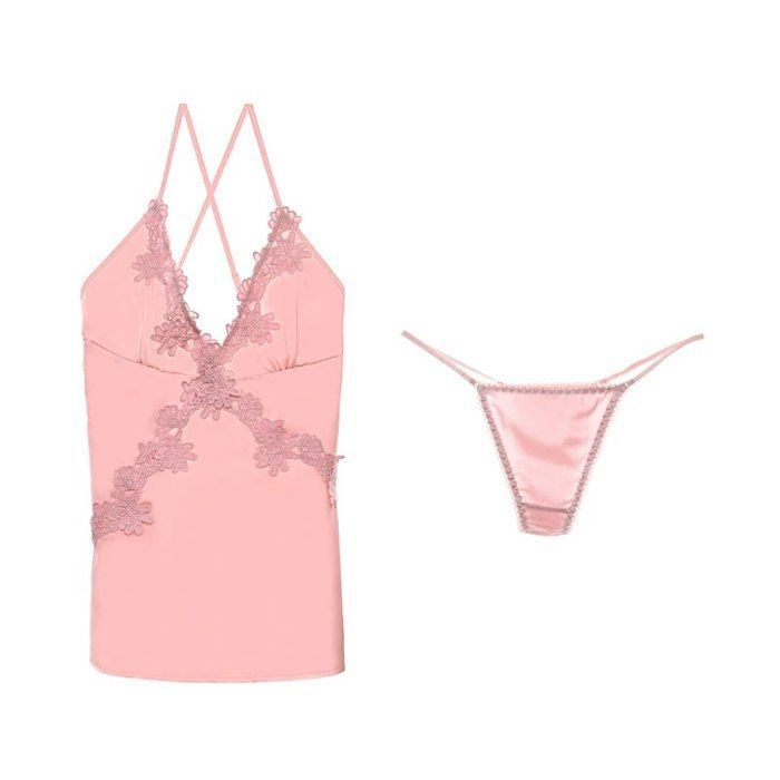 Meet'r-Chemise de nuit dos nu brodée en satin pour femmes,pyjama à col ...