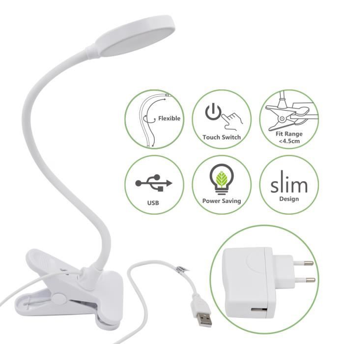 USB Lampe de Bureau LED a Pince Blanc Lampe de Chevet LED pour PC Lampe ...