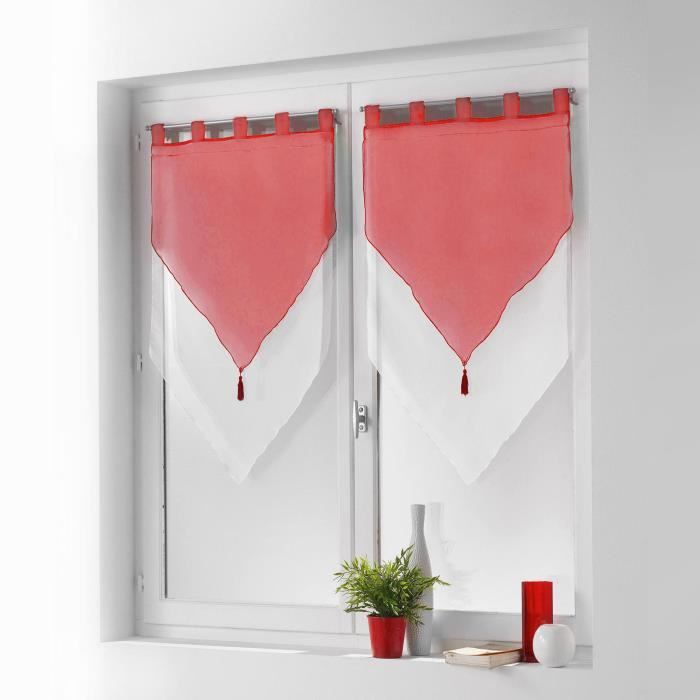 2x Rideaux Voiles Pompon 45x90cm Bicolore - Rouge / Blanc - Double ...