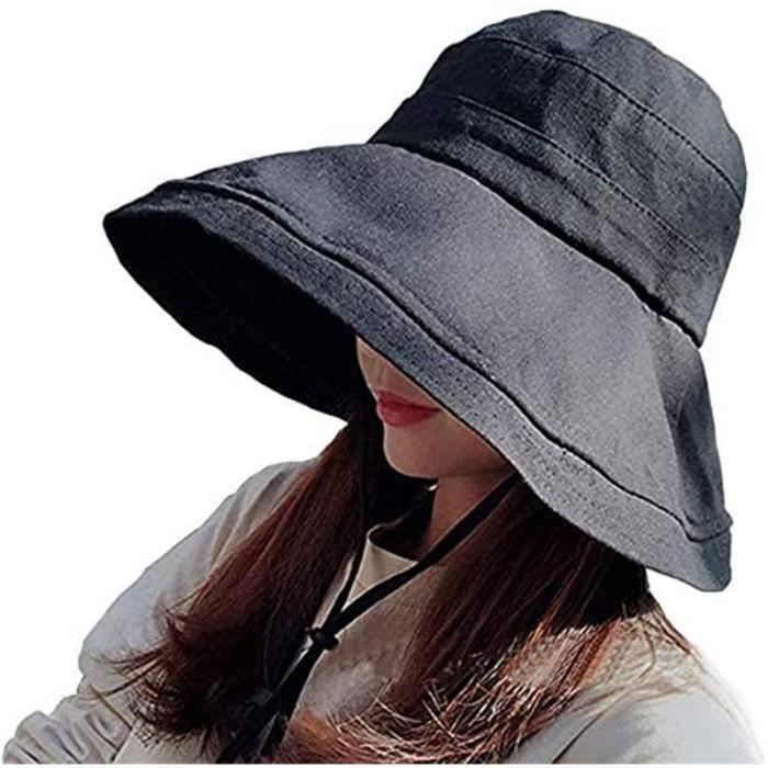 Chapeau de plage - Femme - Pliable - Large bord - Coton - Couleur noir ...