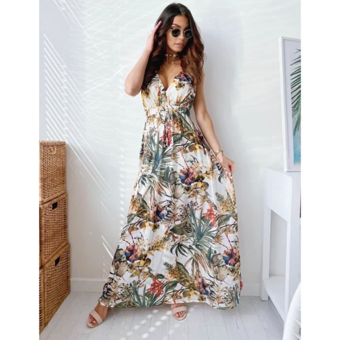 Robe de Plage Longue Femme Taille Haute Robe Bohème de Plage Sexy Col V Ans Manches Cocktail ...