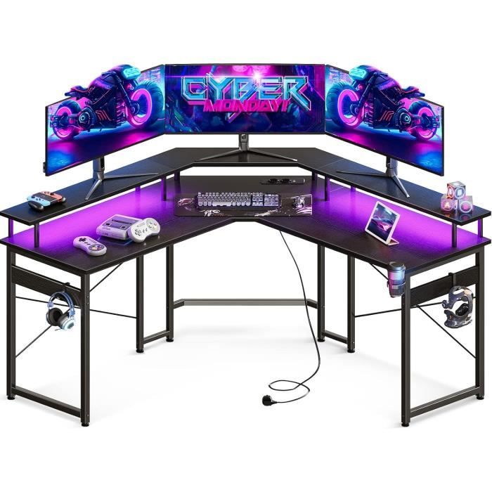 Table De Gaming Avec Led, Bureau D'Ordinateur Noir Avec 2 Prises ...