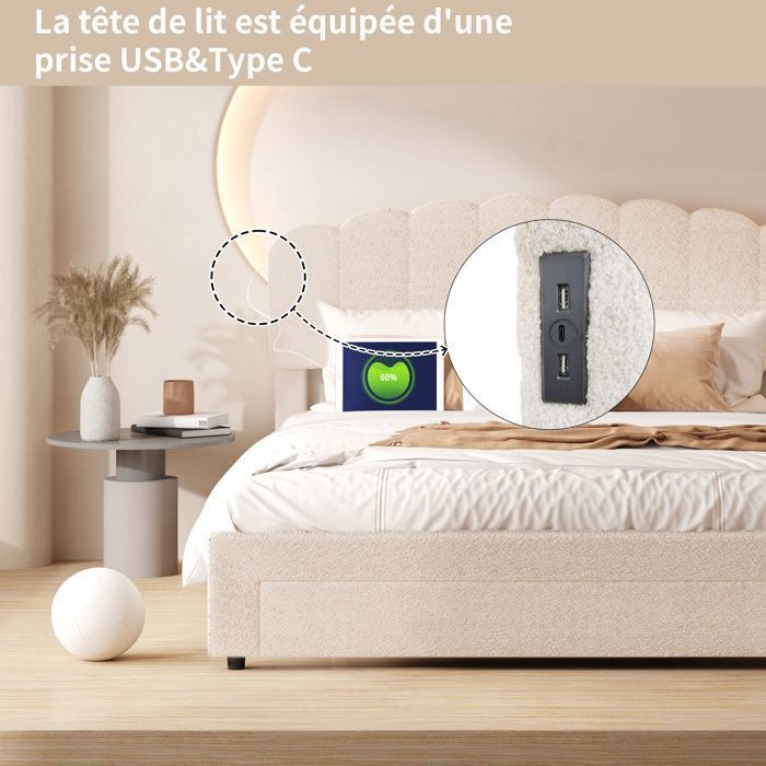 Lit Double 160x200 cm Tissu Teddy Beige Sommier à Lattes Tiroirs USB ...