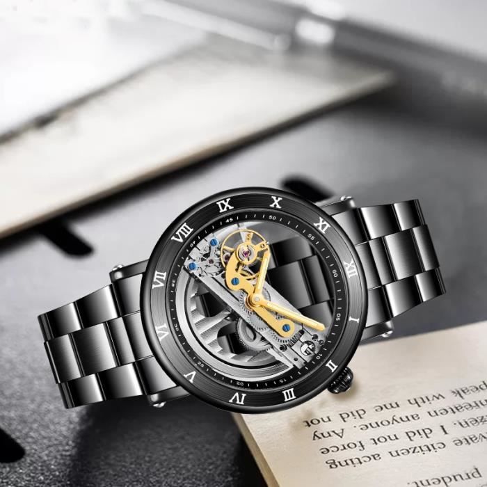 Montres,montre automatique de luxe pour hommes,mécanique,noire ...