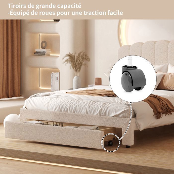 Lit Double 160x200 cm Tissu Teddy Beige Sommier à Lattes Tiroirs USB ...