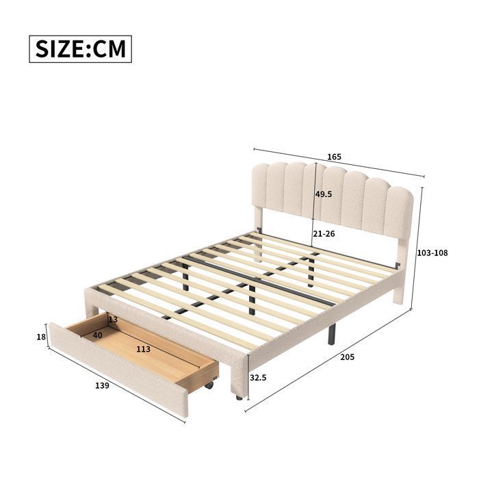 Lit Double 160x200 cm Tissu Teddy Beige Sommier à Lattes Tiroirs USB ...