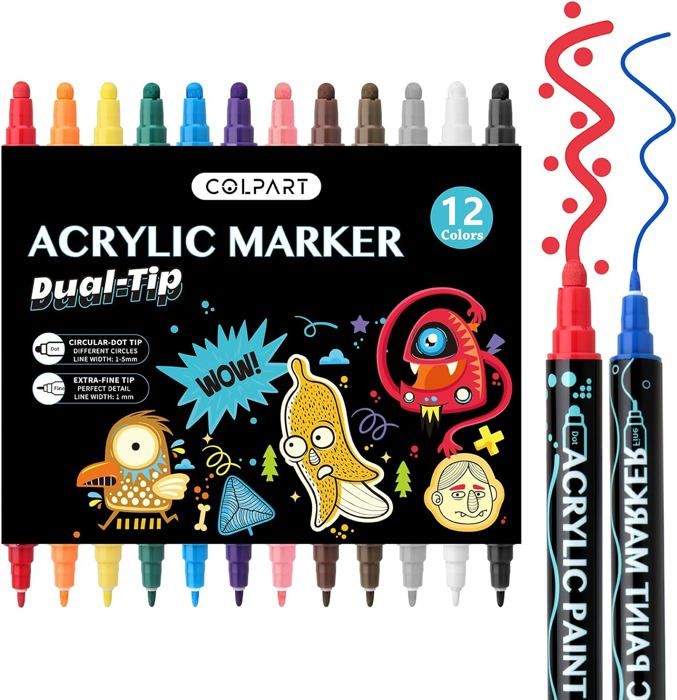Lot de 12 marqueurs de peinture acrylique à double pointe pour peinture sur pierre, bois, toile ...