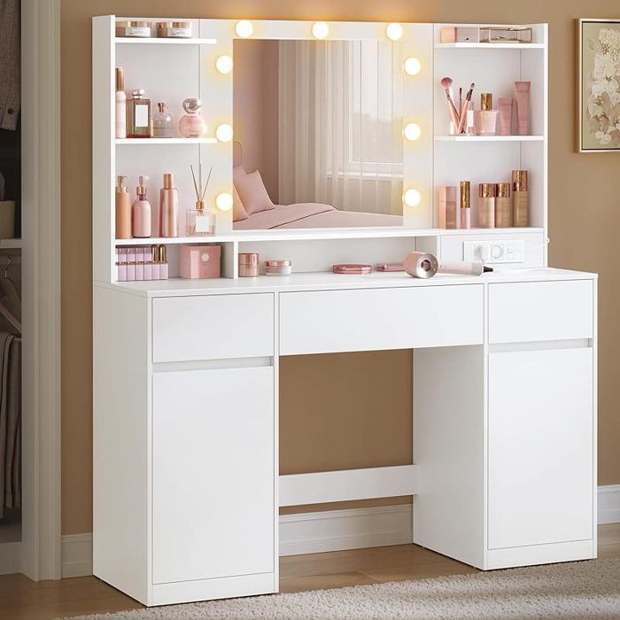 Coiffeuse avec Miroir LED, Multiprise, 2 Placards, 9 Ampoules ...