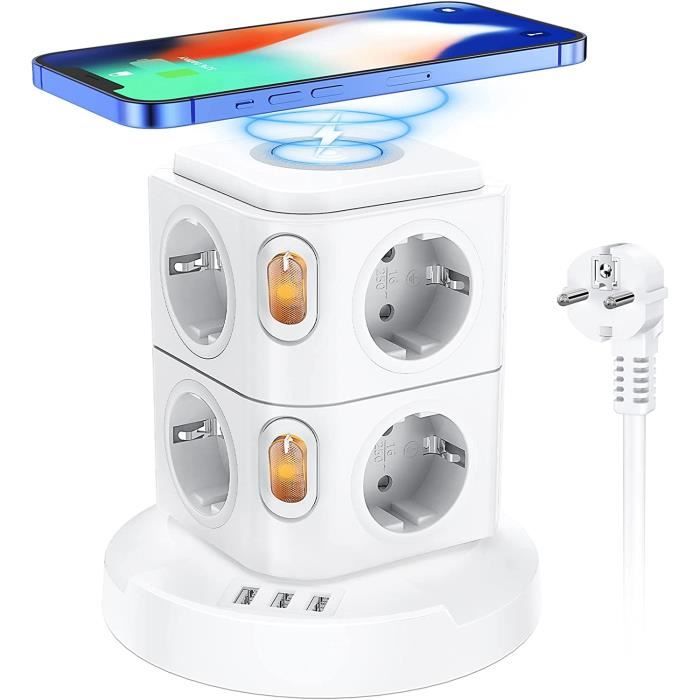 Tour Multiprise, Multiprise avec Parasurtenseur avec 8 Prises & 3 Port USB & 10W Chargeur sans ...