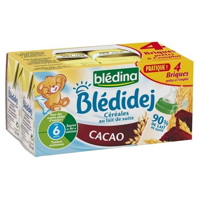 LOT DE 2 - BLEDINA : Blédidej - Céréales lactées Cacao - 4 x 250 ml ...