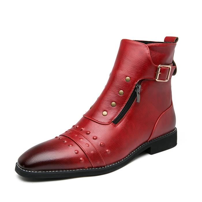 Bottines en Cuir - Pour Hommes - Rouge Rouge - Cdiscount Chaussures