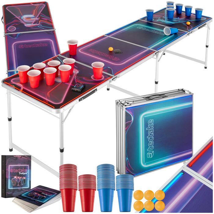 Table de beer pong - TECTAKE - Table BEER WARS I avec éclairage LED en aluminium avec 100 ...