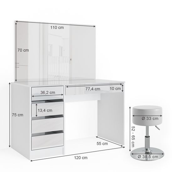 Vicco coiffeuse Sherry, Blanc Haute brillance, 120 cm avec tabouret ...