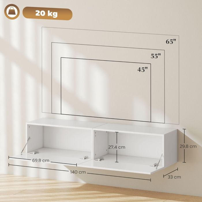 Meuble TV moderne-2 Portes battantes- 140 cm de long-Support TV Mural ...