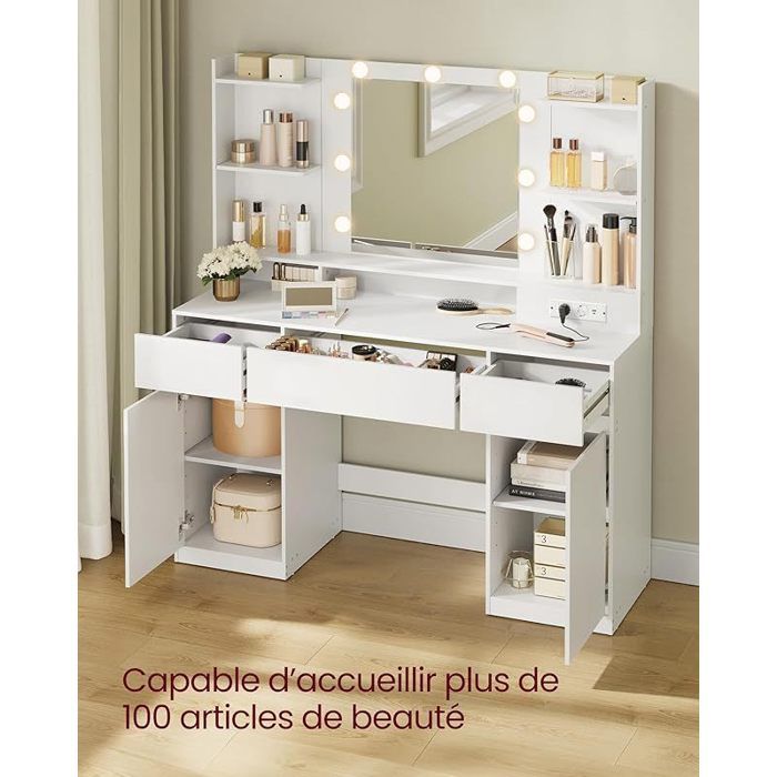 Coiffeuse avec Miroir LED, Multiprise, 2 Placards, 9 Ampoules ...