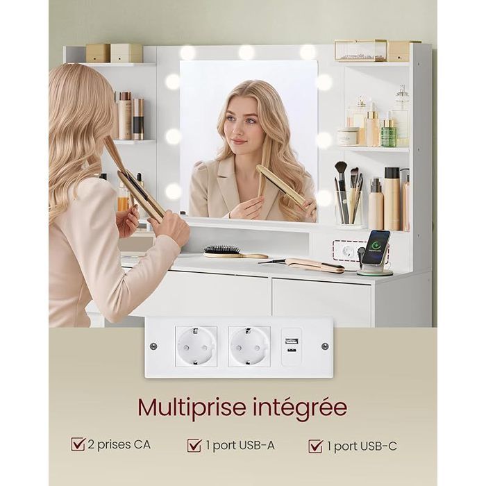 Coiffeuse avec Miroir LED, Multiprise, 2 Placards, 9 Ampoules ...