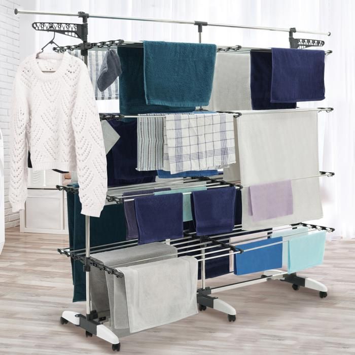 IDMARKET Séchoir à linge 60 M SUPRA XXL gris/blanc 4 niveaux + barre ...