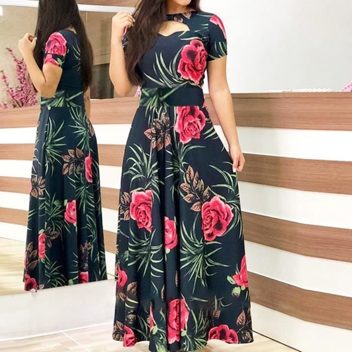 Mode Femmes À Manches Courtes Floral Boho Imprimer Robe Longue Dames ...
