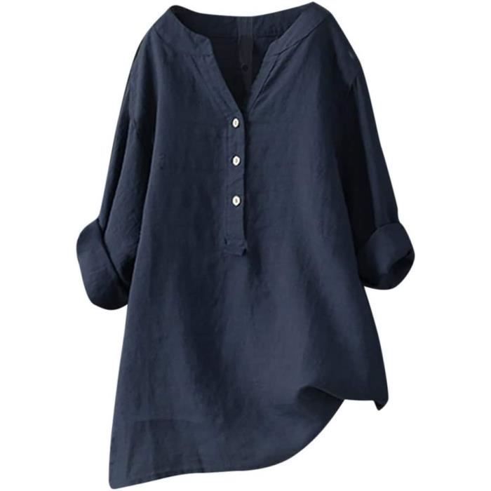Blouse en Lin Femme Oversize Manches Longues en Vrac Blouse en Lin Col ...