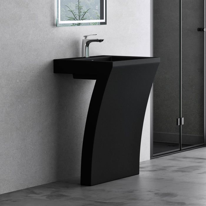 Doporro Lavabo sur Pied Noir Mat Vasque Colonne en Fonte Minérale Lave ...