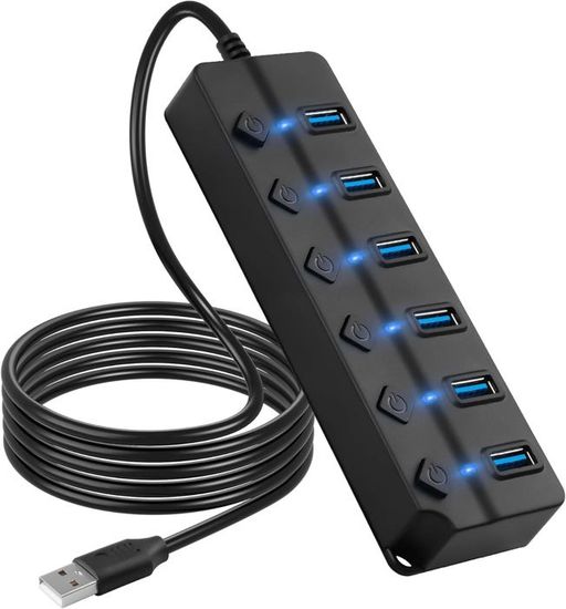Hub USB, répartiteur USB 7 ports avec commutateurs LED marche/arrêt individuels de 2 m de long ...