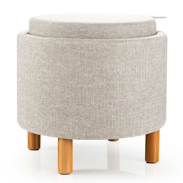 COSTWAY Pouf Rangement Rond avec Plateau, Tissu PE, Pieds en Bois ...
