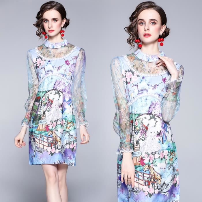 Robe,Robe mi-longue élégante à imprimé floral vintage pour femmes ...