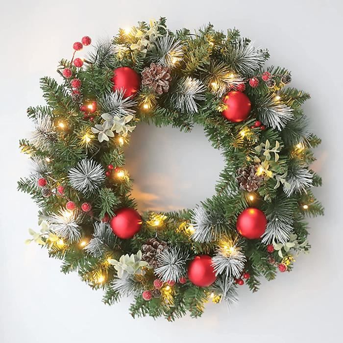 Couronne de Noël avec lumières LED,50,8 cm,décoration de couronne de Noël artificielle pré ...