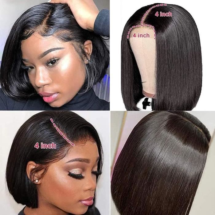 Perruque Femme Naturelle Bresilienne 4X4 Lace Front Short Bob Straight ...