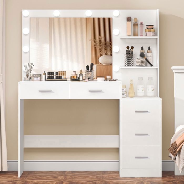 TEENFON Grande coiffeuse avec LED en trois couleurs, coiffeuse avec 5 ...