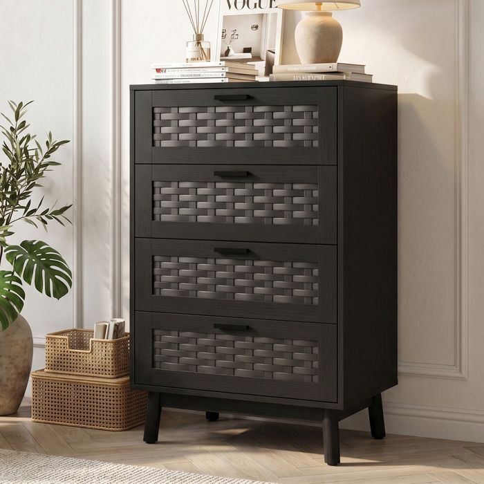 Commode en rotin et bois avec 4 tiroirs,SORVAGLOS,meuble de rangement ...