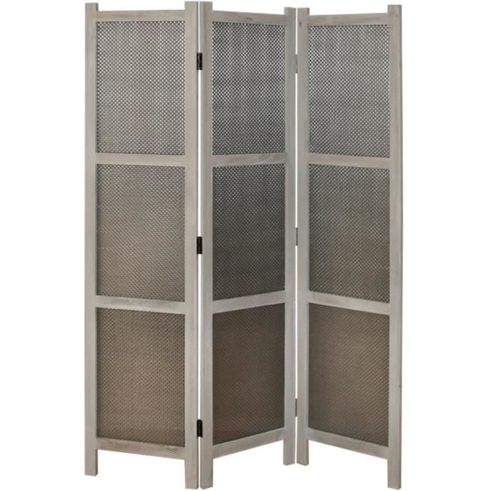 Paravent en bois et tressage en PVC gris de 3 pans, Dim : L120 x P2 x ...