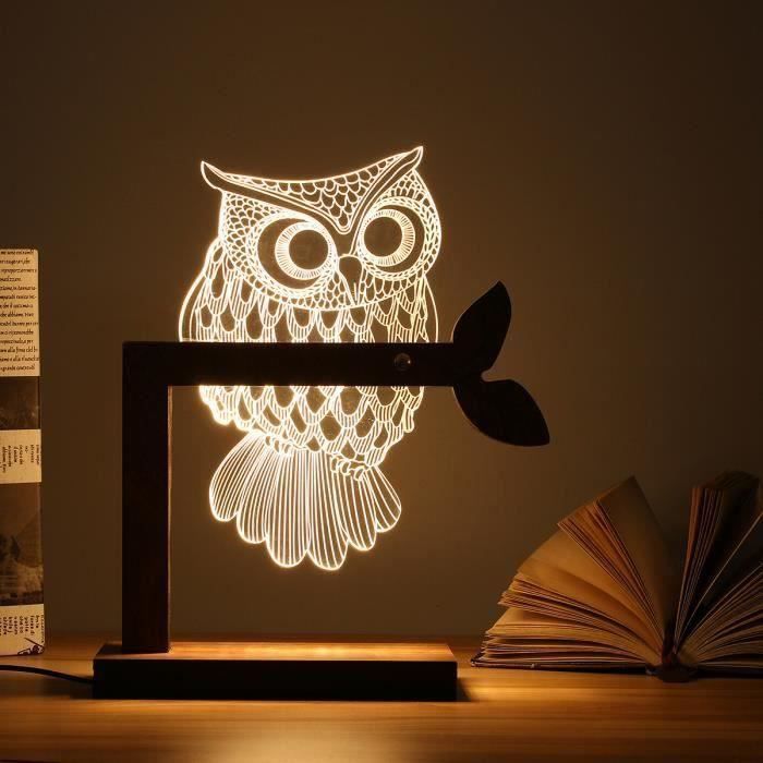 Veilleuse lampe de table 3D LED hibou acrylic en bois creative bureau ...