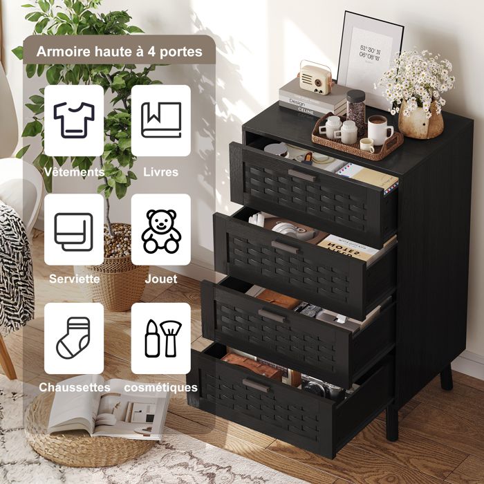 Commode en rotin et bois avec 4 tiroirs,SORVAGLOS,meuble de rangement ...