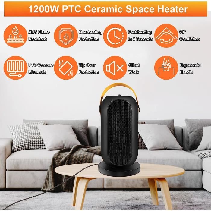 Radiateur Soufflant Électrique Céramique PTC 1200W, Chauffage D'appoint ...