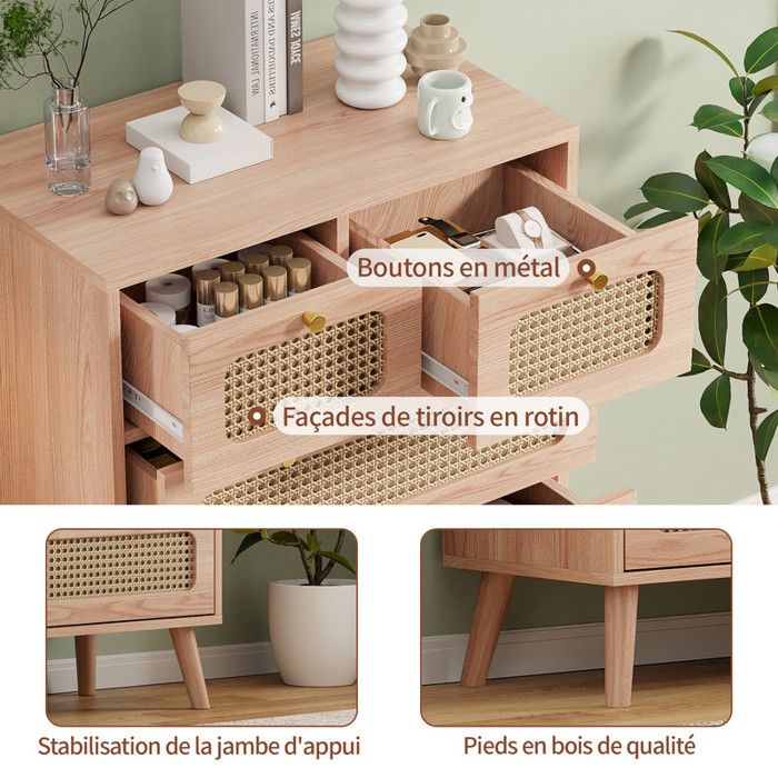 Commode 5 tiroirs rotin 91x34x60cm,poignées métal doré,pieds bois,style ...