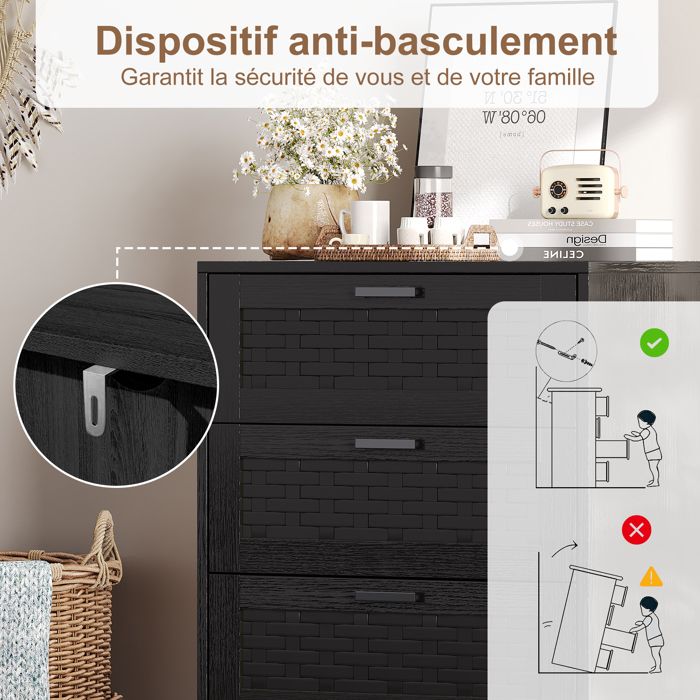 Commode en rotin et bois avec 4 tiroirs,SORVAGLOS,meuble de rangement ...